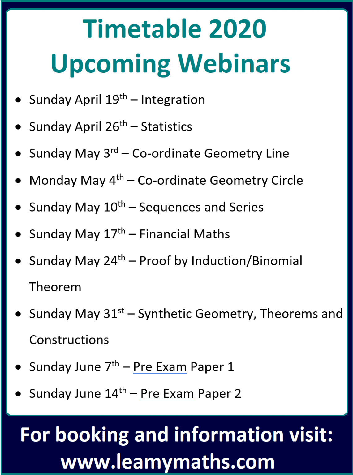 Timetable for 2020 Revision Webinars. | Leamy Maths
